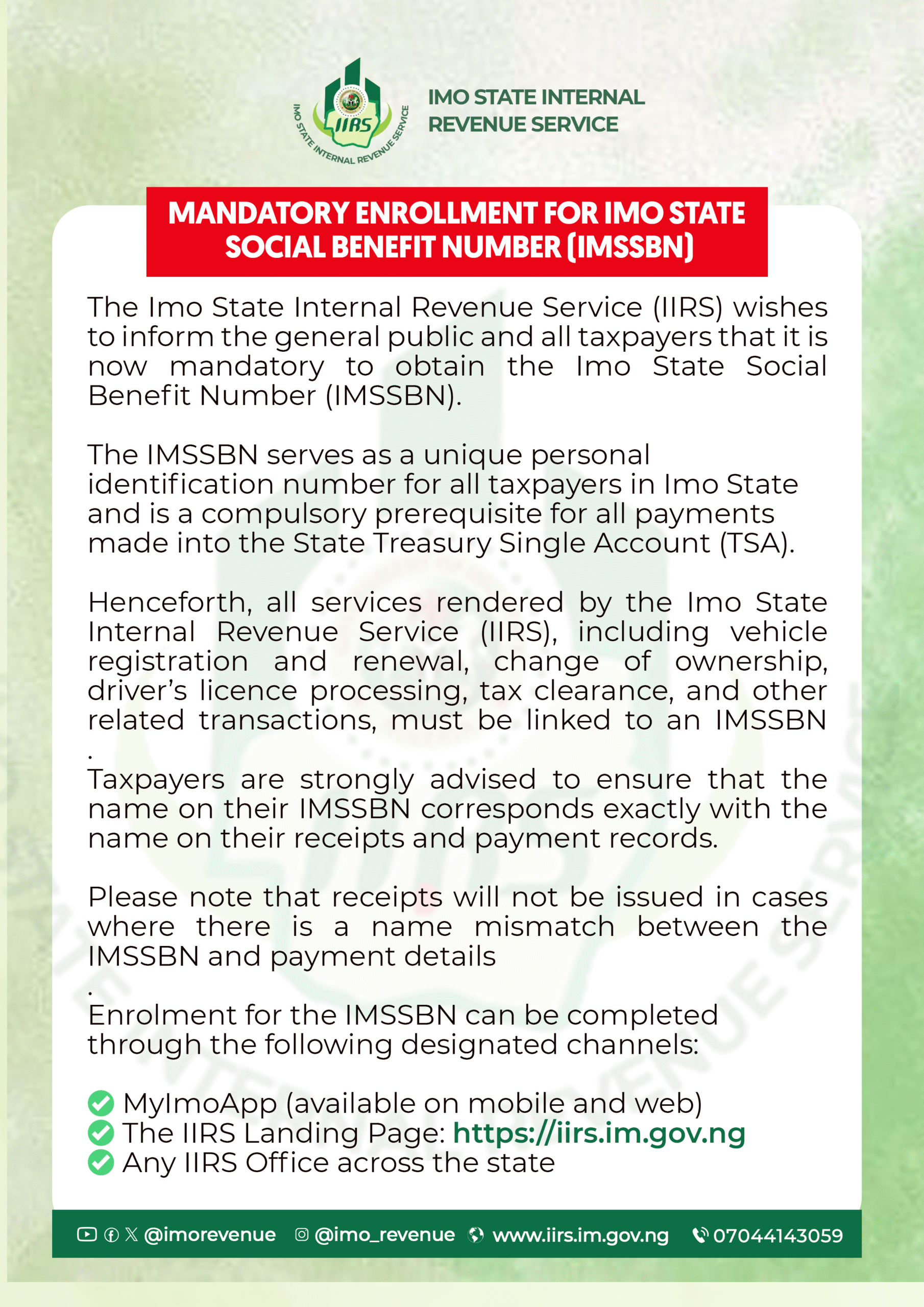 MANDATORY ENROLLMENT FOR IMO STATE SOCIAL BENEFIT NUMBER (IMSSBN ...
